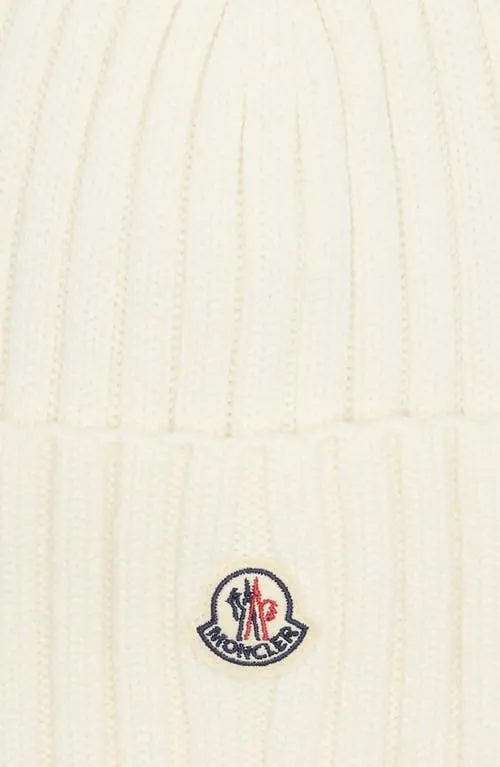 Moncler Logo Patch Ribbed Wool Beanie - White