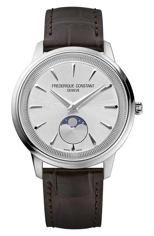 FREDERIQUE CONSTANT Classics Moneta Moon Phase Leather Strap Watch - Silverone
