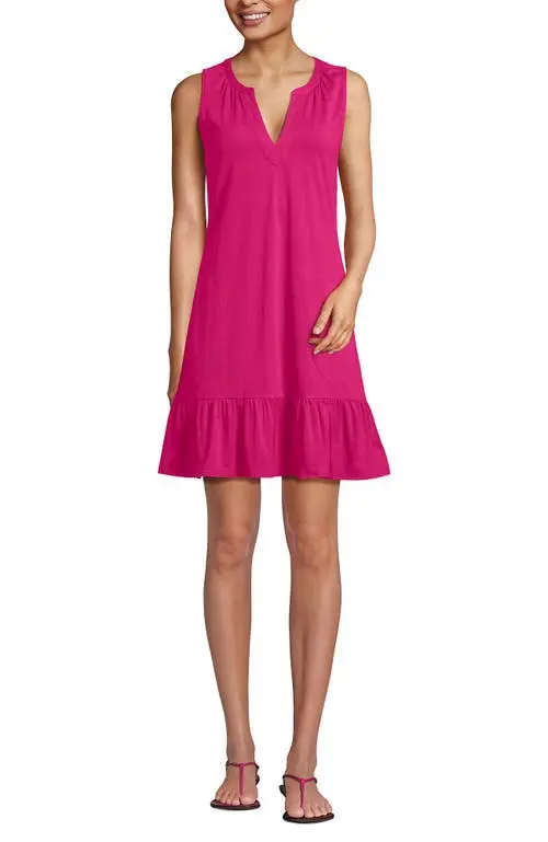 LANDS' END Sleeveless Cotton Jersey Notch Neck Flounce Dress - Cherry Fuchsia