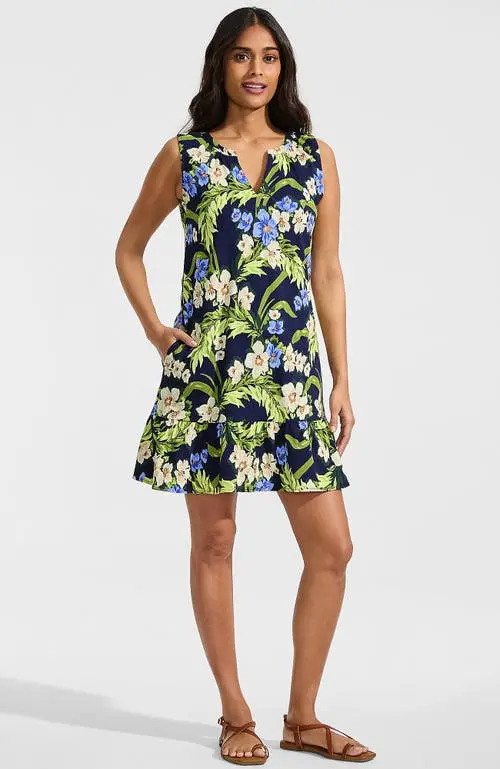 LANDS' END Sleeveless Cotton Jersey Notch Neck Flounce Dress - Deep Sea/blue Floral Tropic