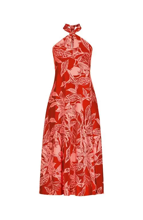 LANDS' END Cotton Modal Halter Midi Dress - Mandarin Orange Etched Leaves