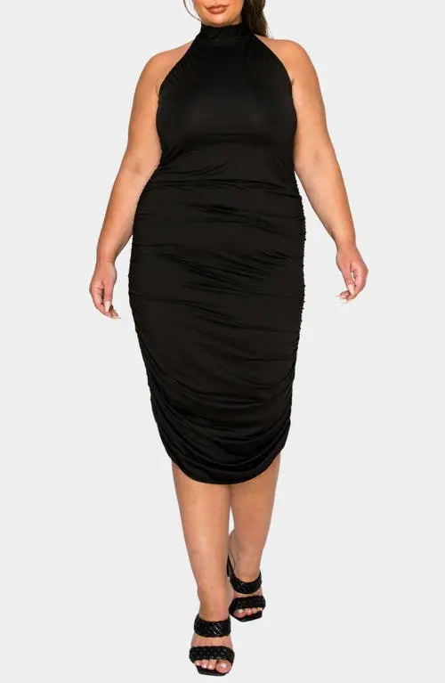 L I V D Izzy Ruched Halter Midi Dress - Black
