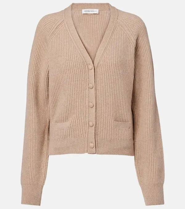 Victoria Beckham Ribbed-knit Wool And Cashmere Cardigan - Beige