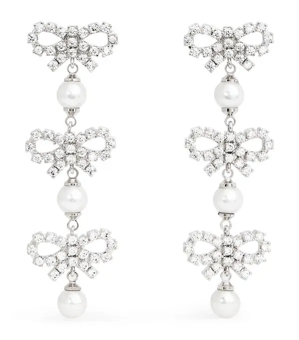 SELF-PORTRAIT Crystal And Faux Pearl Bow Tiered Earrings - White