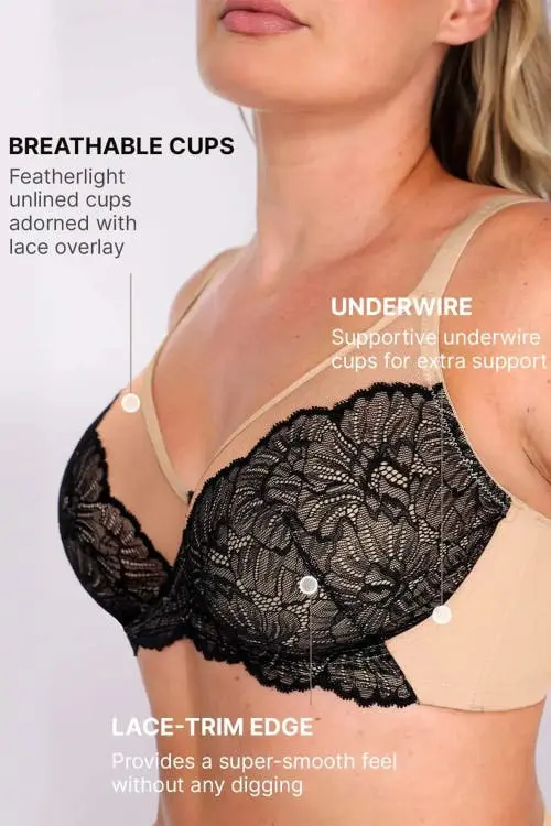 SHAPELLX Supportive Unlined Lace Underwired Bra - Classic Black+khaki