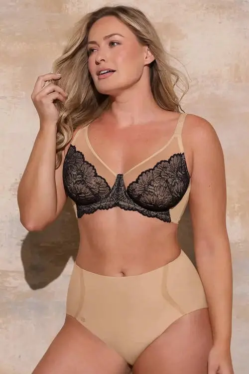 SHAPELLX Supportive Unlined Lace Underwired Bra - Classic Black+khaki