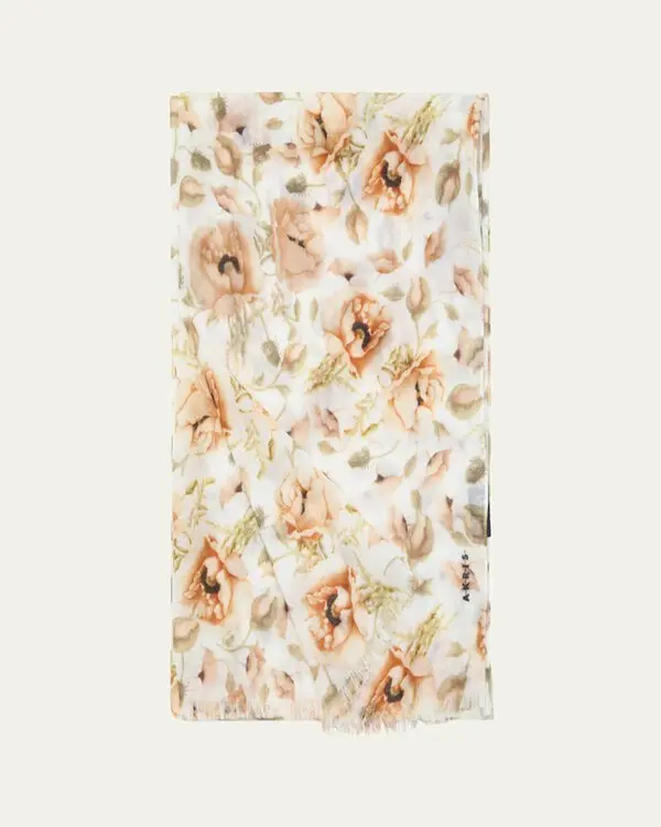 Akris Anemone Print Fringe Cashmere Scarf