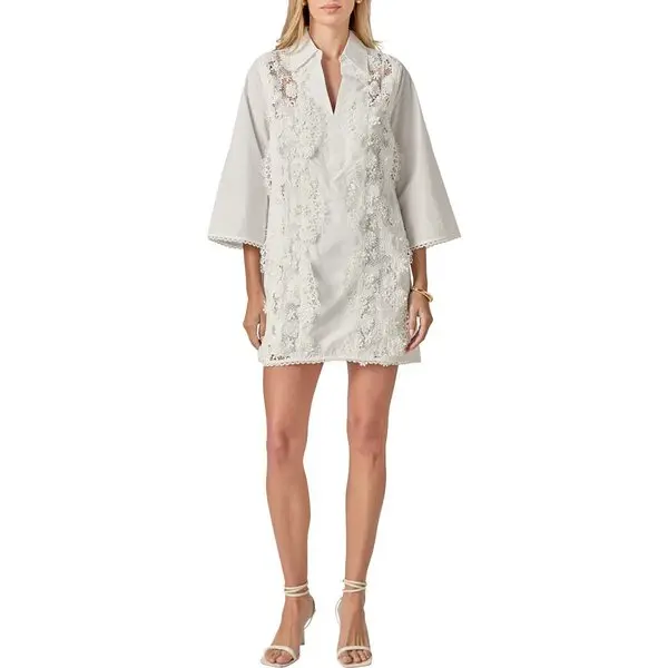 English Factory Lace Trim Mini Shirtdress - White