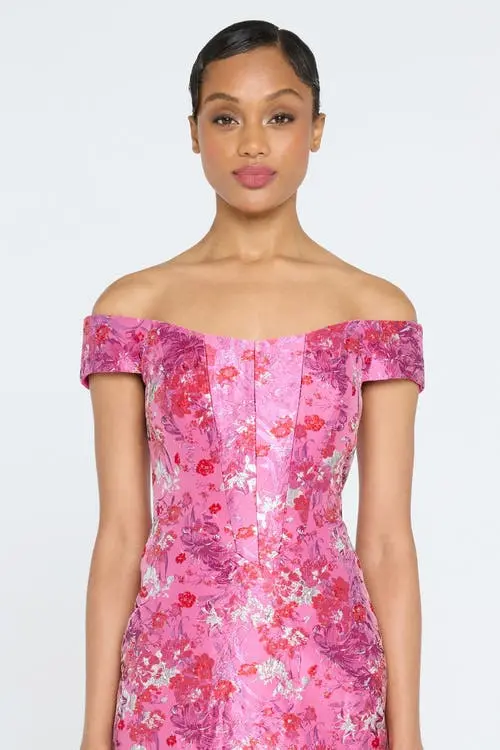 Theia Chantel Off-shoulder Floral Jacquard Dress