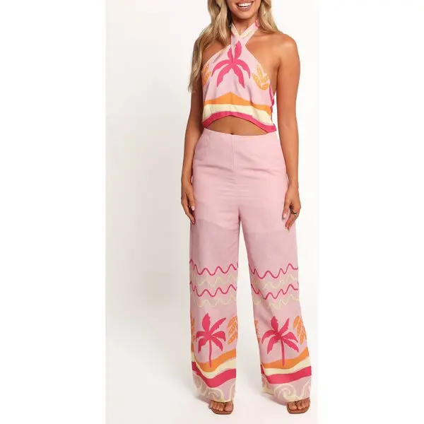 PETAL & PUP Aryn Halter Jumpsuit - Pink Palm