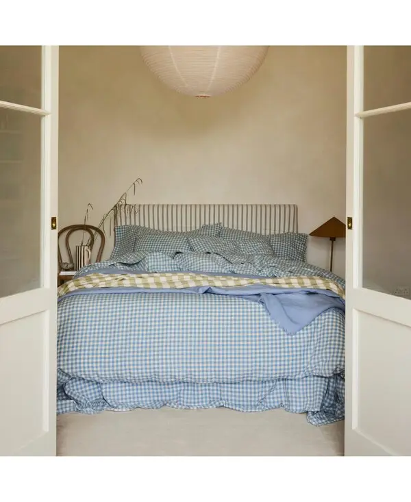 PIGLET IN BED Gingham Linen Duvet Cover - Warm Blue Gingham
