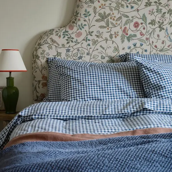 PIGLET IN BED Small Gingham Check Pillowcase Pair - Indigo