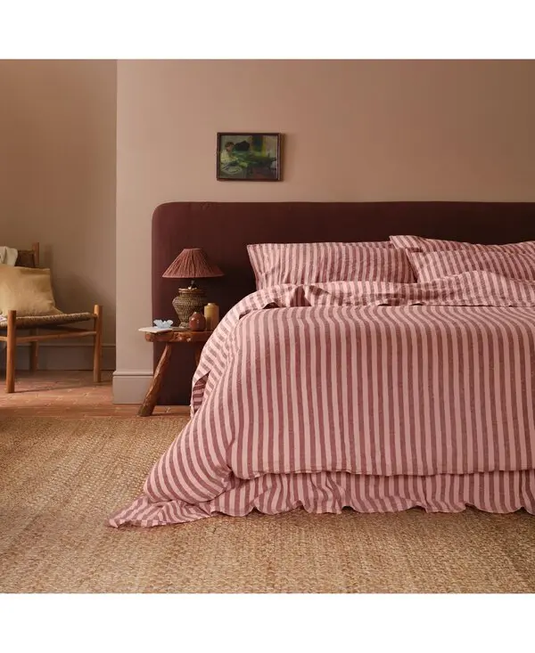 PIGLET IN BED Pembroke Stripe Linen Duvet Cover - Rhubarb/rose