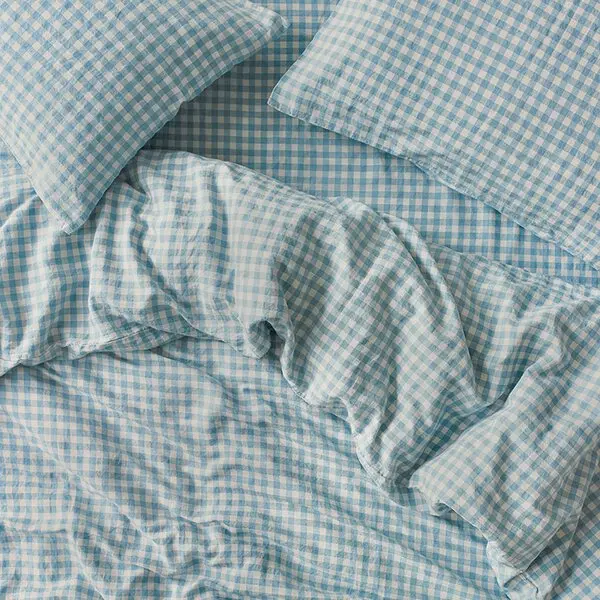 PIGLET IN BED Gingham Linen Duvet Cover - Warm Blue Gingham