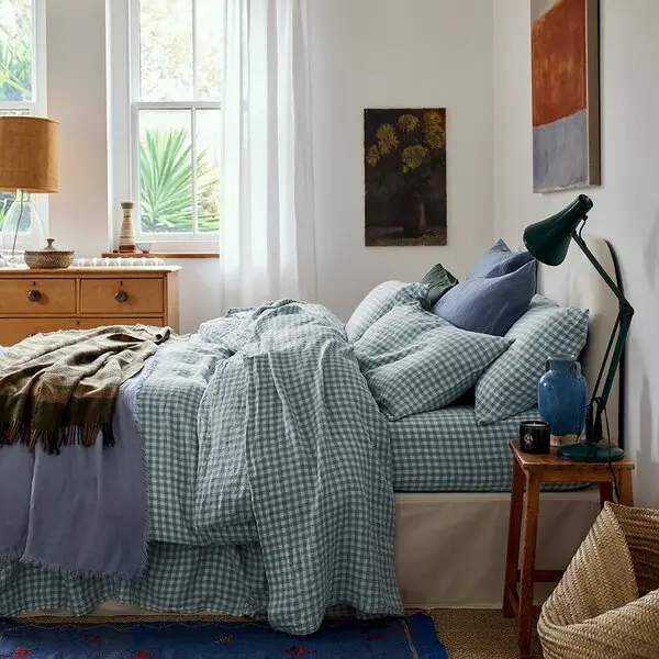 PIGLET IN BED Gingham Linen Duvet Cover - Warm Blue Gingham