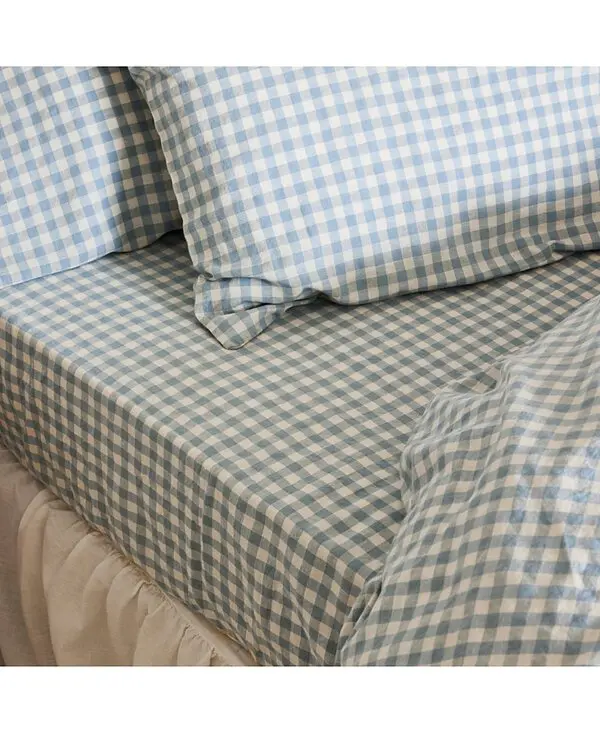 PIGLET IN BED Gingham Linen Fitted Sheet - Warm Blue Gingham
