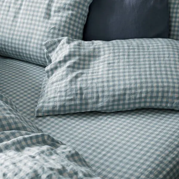 PIGLET IN BED Gingham Linen Fitted Sheet - Warm Blue Gingham
