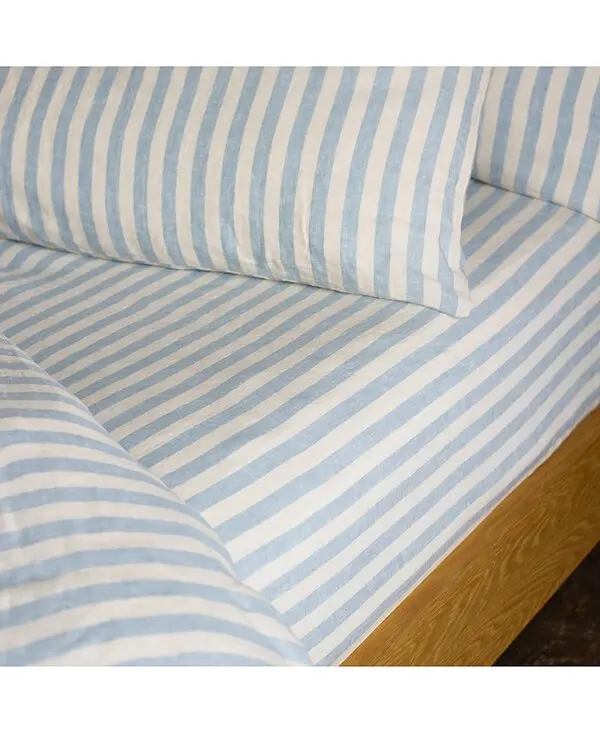 PIGLET IN BED Pembroke Stripe Linen Fitted Sheet - Coastal Blue