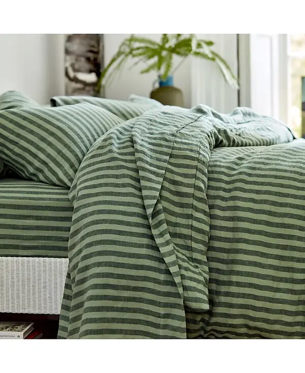 PIGLET IN BED Pembroke Stripe Linen Fitted Sheet - Pine Green