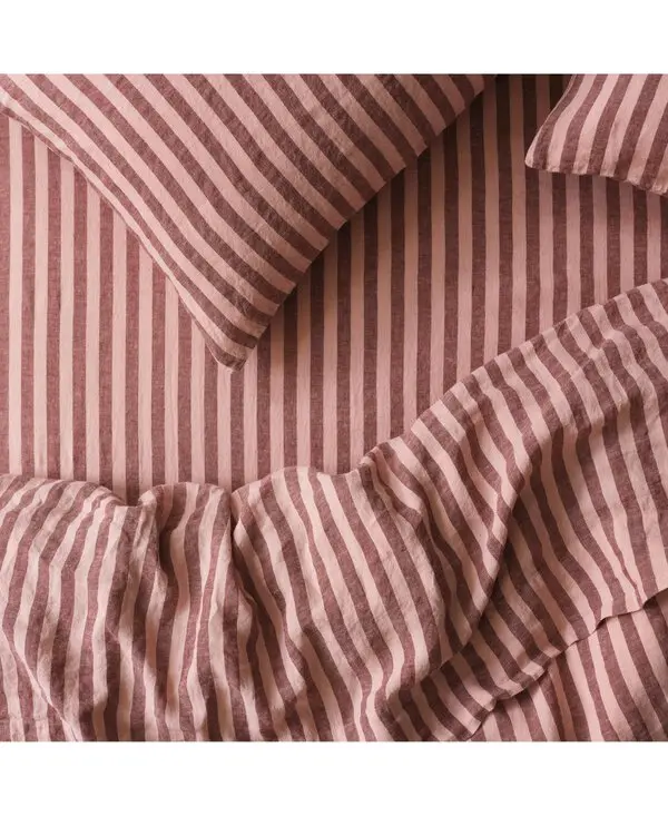 PIGLET IN BED Pembroke Stripe Linen Fitted Sheet - Rhubarb/rose