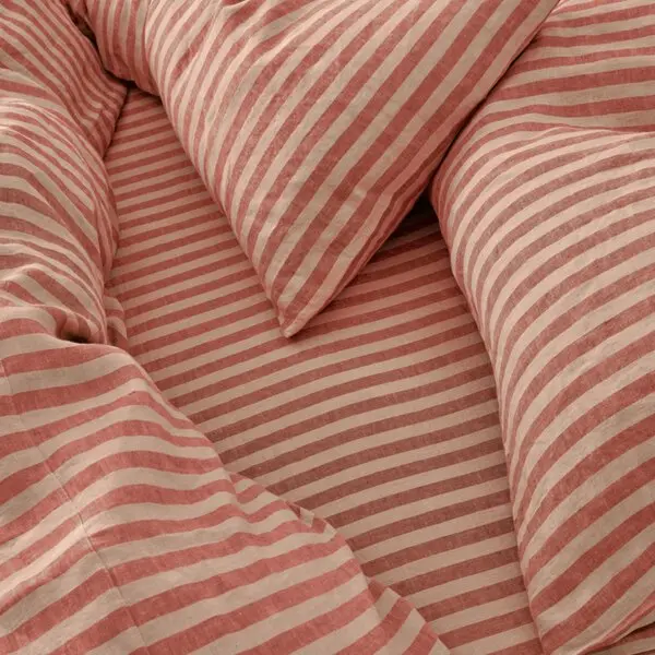PIGLET IN BED Pembroke Stripe Linen Fitted Sheet, Queen - Sandstone Red