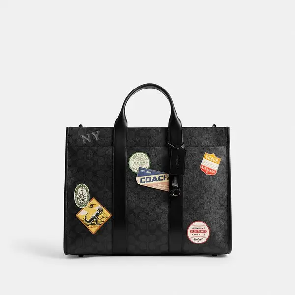 COACH Wesley Tote In Signature Canvas With Patches - Charcoal Multi