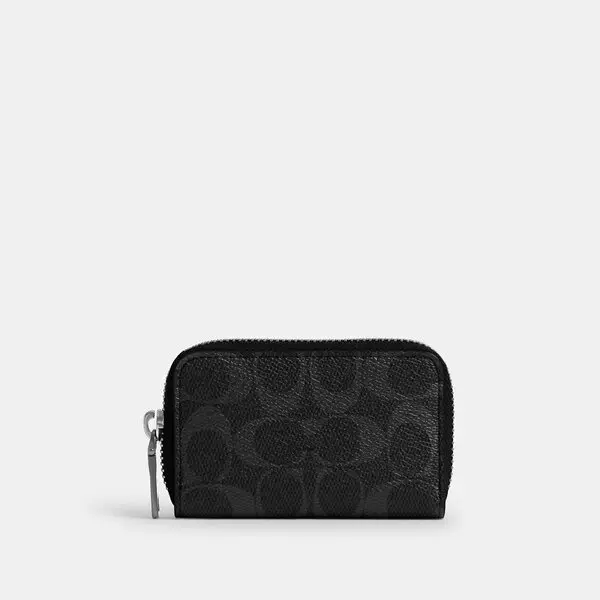 COACH Small Zip Around Card Case In Signature Canvas - Black Signature