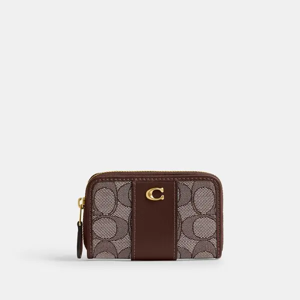 Coach Essential Small Zip Around Card Case In Signature Jacquard - Brass/oak Maple