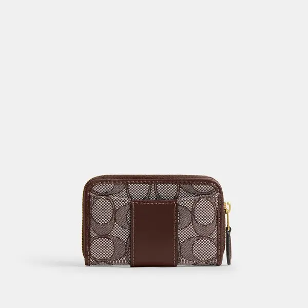Coach Essential Small Zip Around Card Case In Signature Jacquard - Brass/oak Maple