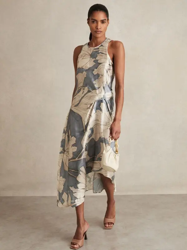 REISS Mieke Satin Floral Drape Midi Dress