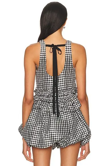 GANNI Check Open Back Frill Top
