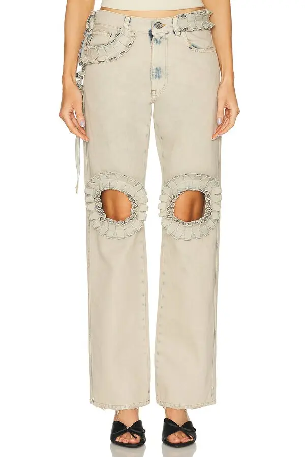 Coperni Ruffled Straight Leg Jeans - Grey Greige