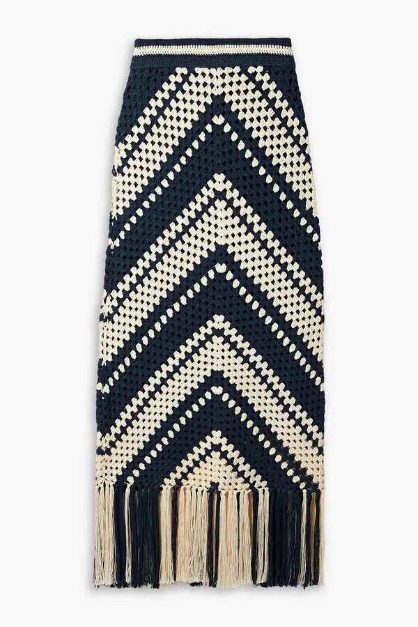Zimmermann Chintz Fringed Crocheted Cotton Midi Skirt - Navy