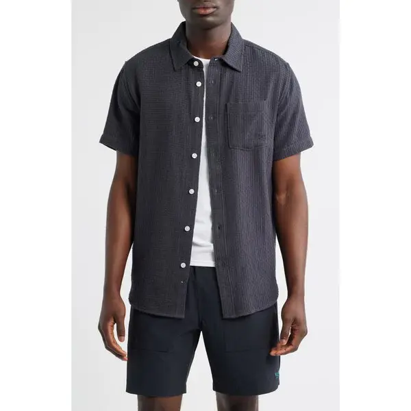 DARK SEAS Textured Short Sleeve Cotton Button-up Shirt - Black