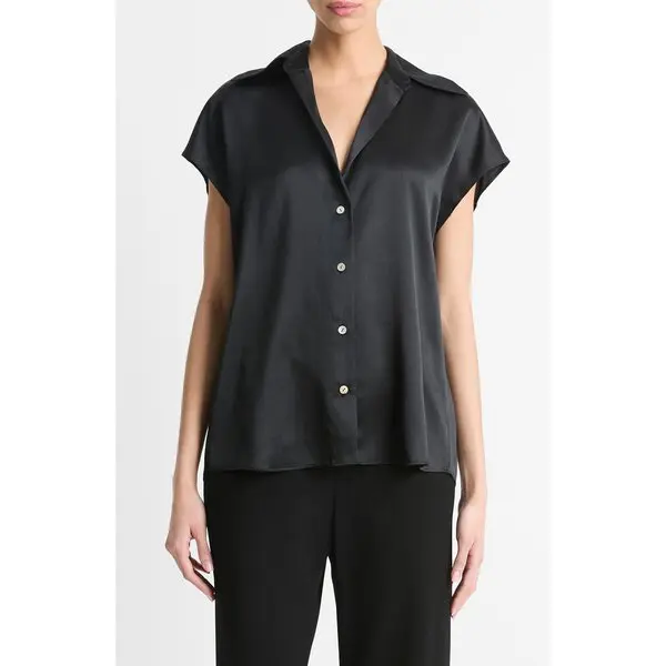 Vince Cap Sleeve Silk Button-up Shirt - Black