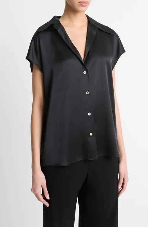 Vince Cap Sleeve Silk Button-up Shirt - Black