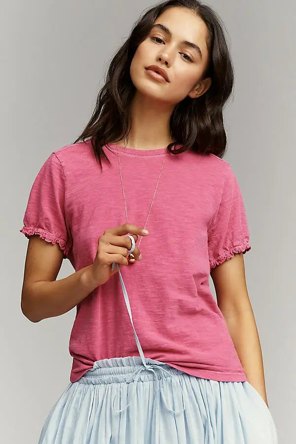 PILCRO Bennie Puff-sleeve Crew-neck T-shirt - Very Berry