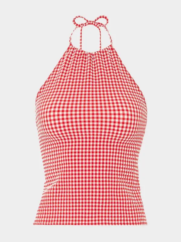 Hunza G Gingham Seersucker Halter Top - Red Gingham