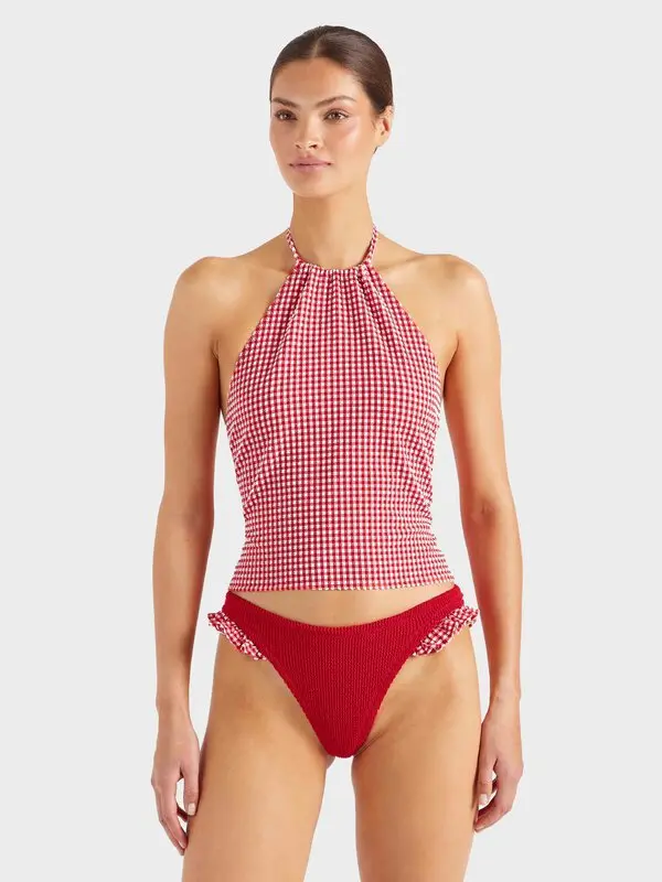 Hunza G Gingham Seersucker Halter Top - Red Gingham