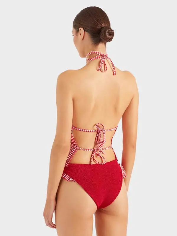 Hunza G Gingham Seersucker Halter Top - Red Gingham