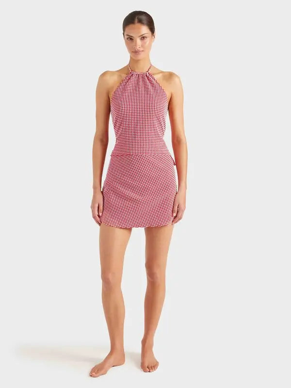 Hunza G Gingham Seersucker Halter Top - Red Gingham