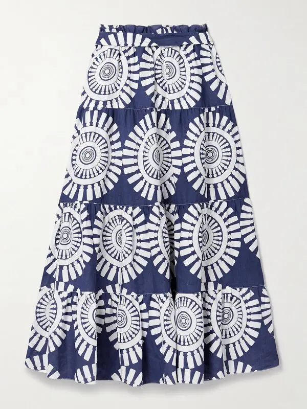 LEMLEM Sanaa Belted Printed Linen Maxi Skirt - Blue