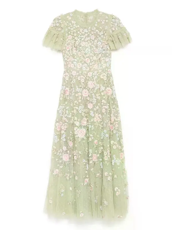 Needle & Thread Floral-Embroidered Tulle Overlay Dress - Green