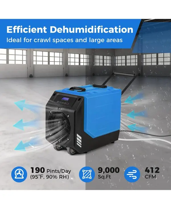 VOLENCA 190 Ppd Commercial Dehumidifier With Pump And 2 Wheels - Blue