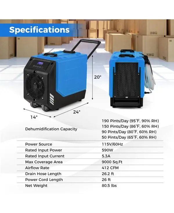 VOLENCA 190 Ppd Commercial Dehumidifier With Pump And 2 Wheels - Blue