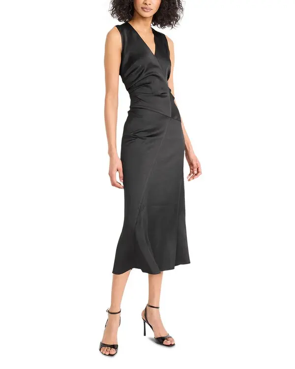 LUXELY Satin Ruched Midi Dress