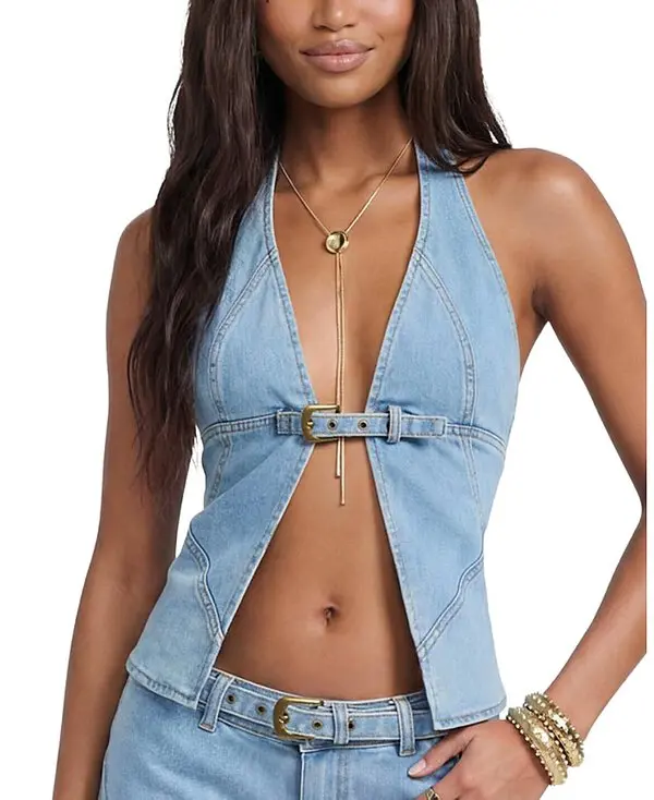 EDIKTED Ciel Split Front Denim Halter Top - Light-blue-washed