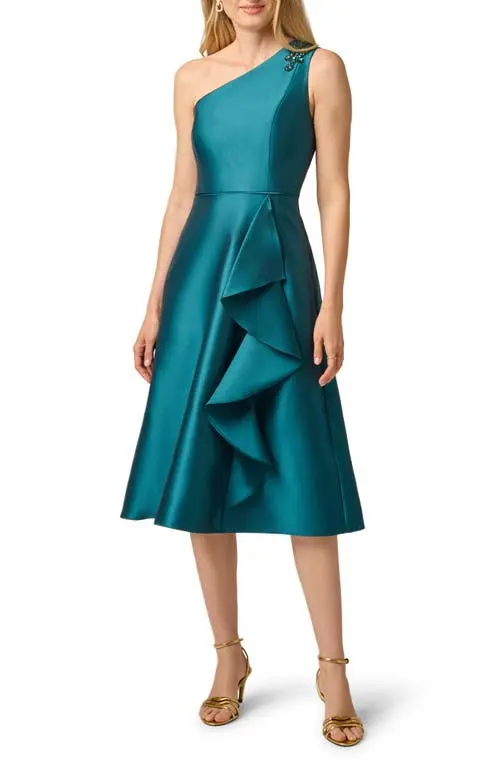 Adrianna Papell Embellished One-shoulder Mikado Dress - Hunter