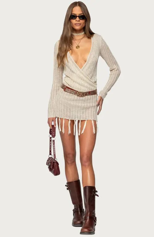 EDIKTED Tassel Long Sleeve Mini Sweater Dress