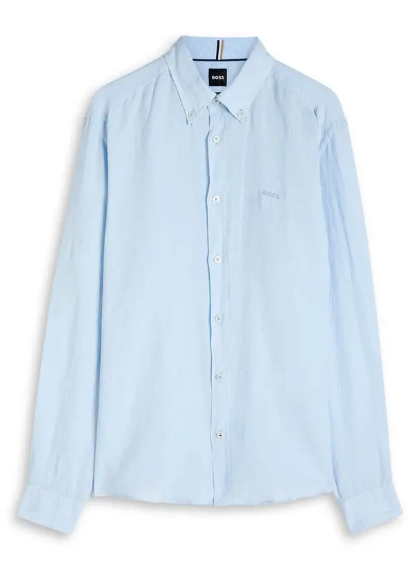 BOSS Logo-embroidered Linen Shirt - Light Blue